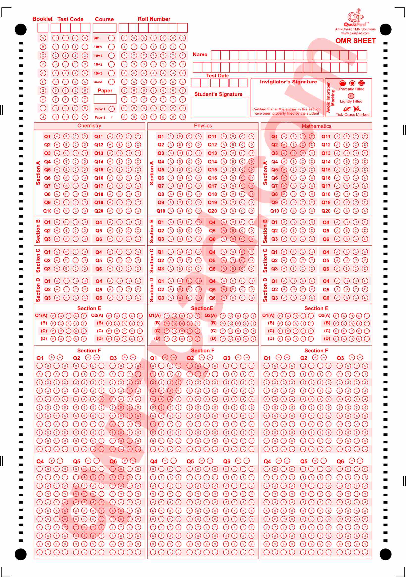 IIT Type Sample OMR Sheet Designed To Serve Paper1 Paper2 Both MCQ 